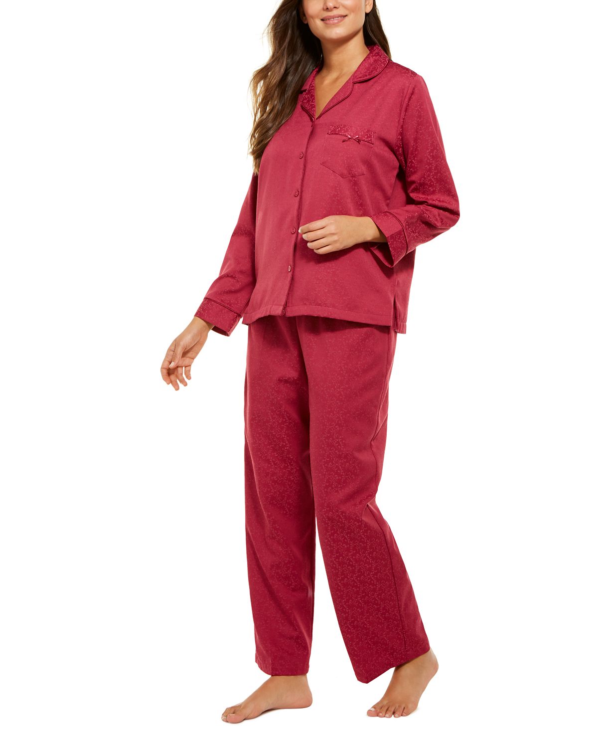 Miss Elaine Jacquard Brushed Back Satin Pajama Set Cranberry Cheapundies
