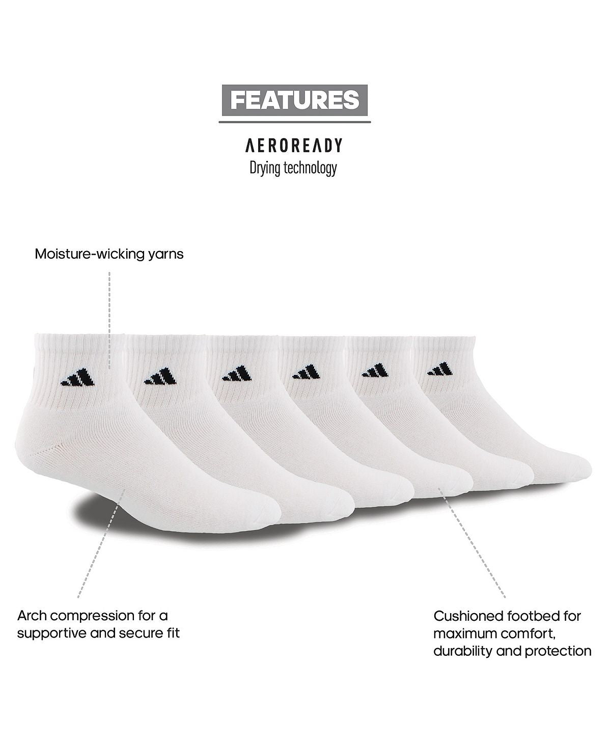 Adidas Cushioned Quarter Extended Socks 6-pack White – CheapUndies