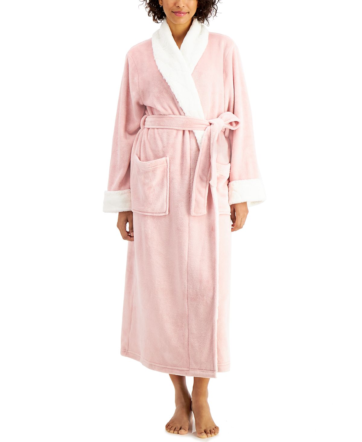 Charter Club Long Cozy Plush Robe With Faux-fur Trim Chalky Rose ...