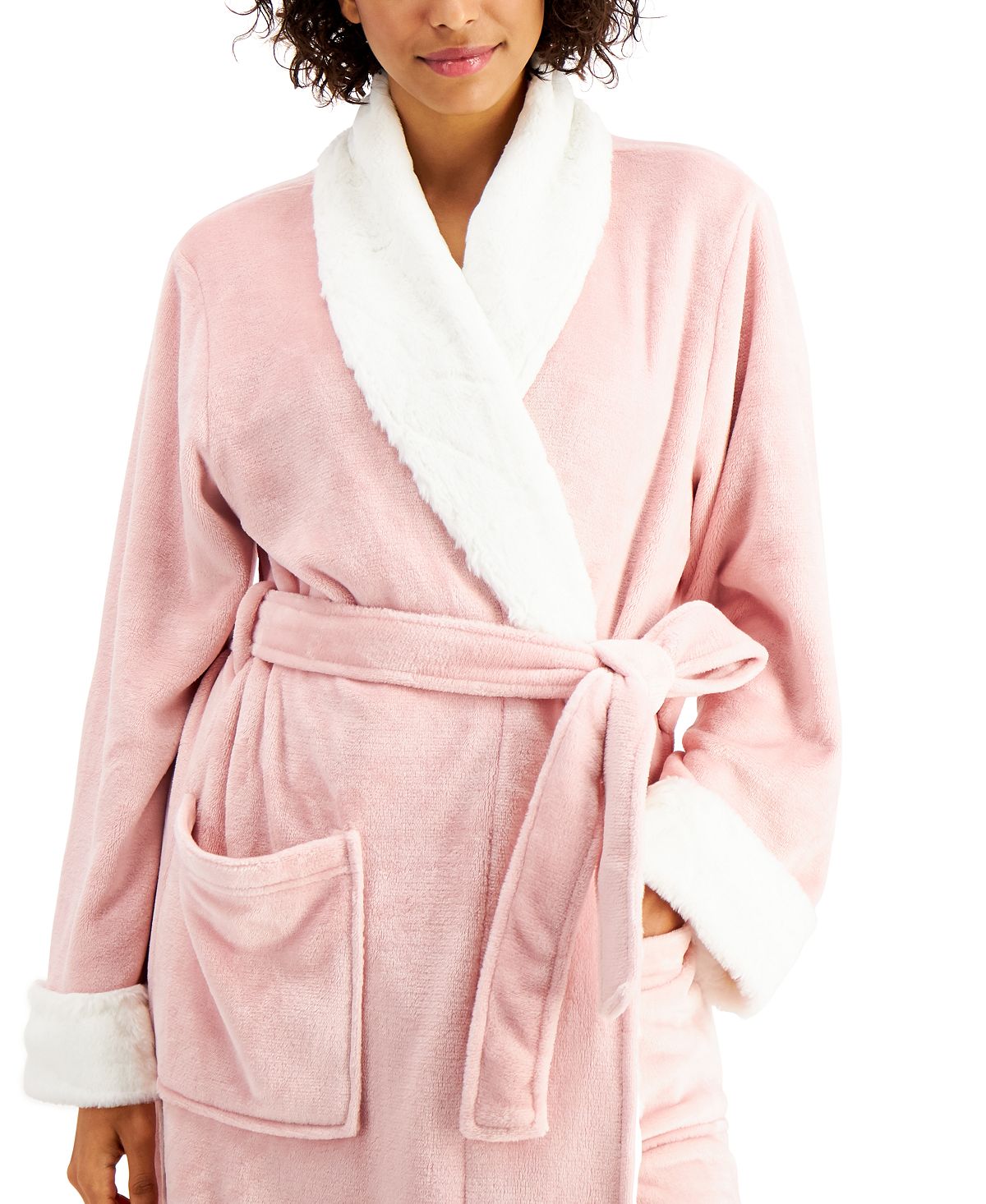 Charter Club Long Cozy Plush Robe With Faux-fur Trim Chalky Rose ...