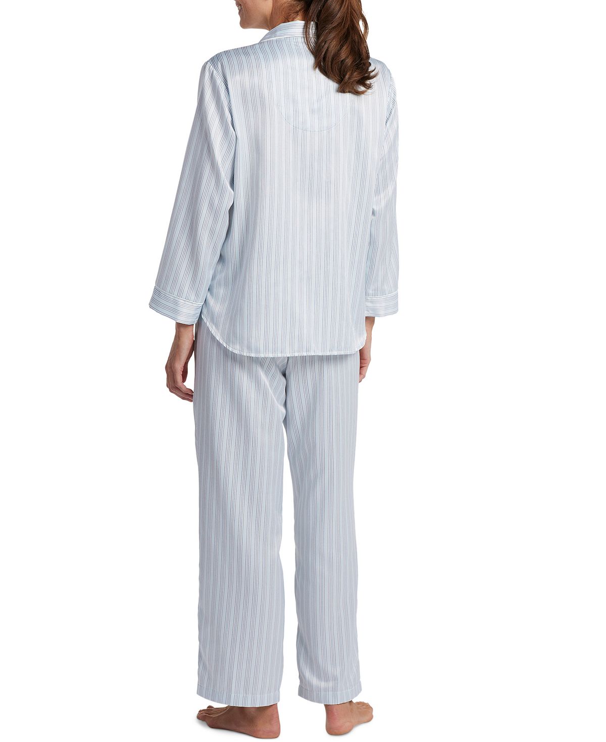 Miss Elaine Brushed Back Satin Notch-collar Pajama Set Blue Stripe ...
