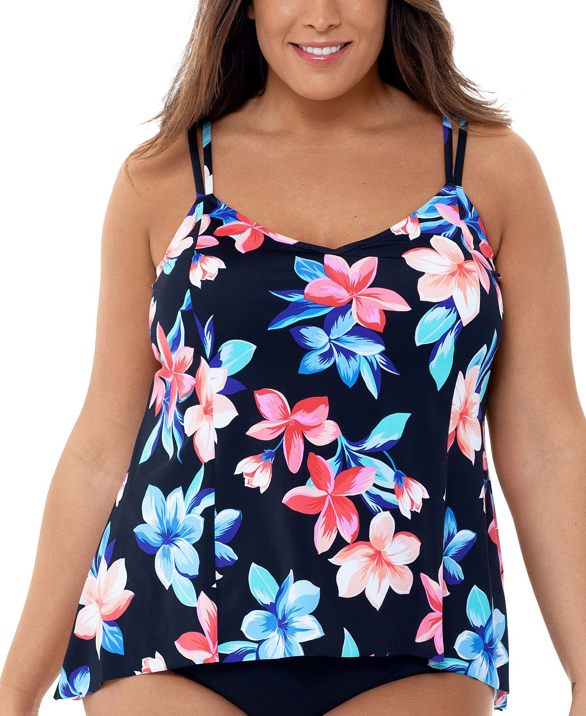 Swim Solutions Plus Lanai Printed Princess-seam Tankini Top Lanai Blac ...