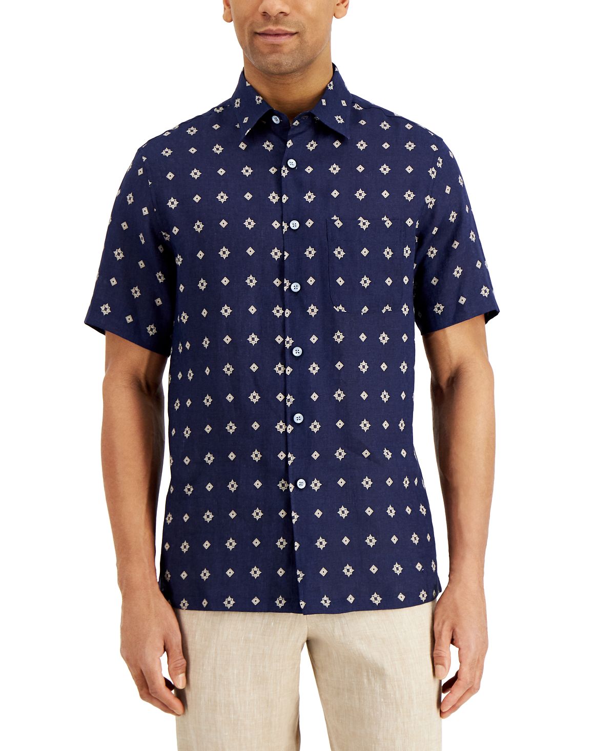 Tasso Elba Regular-fit Geo Tile-print Linen Shirt Navy Combo – CheapUndies