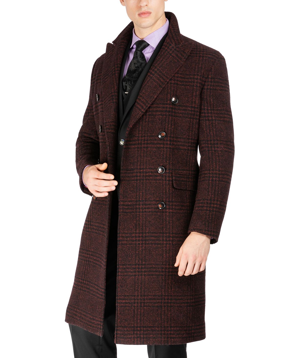 Tayion Collection Classic Double-breasted Glen Plaid Overcoat Red Navy ...