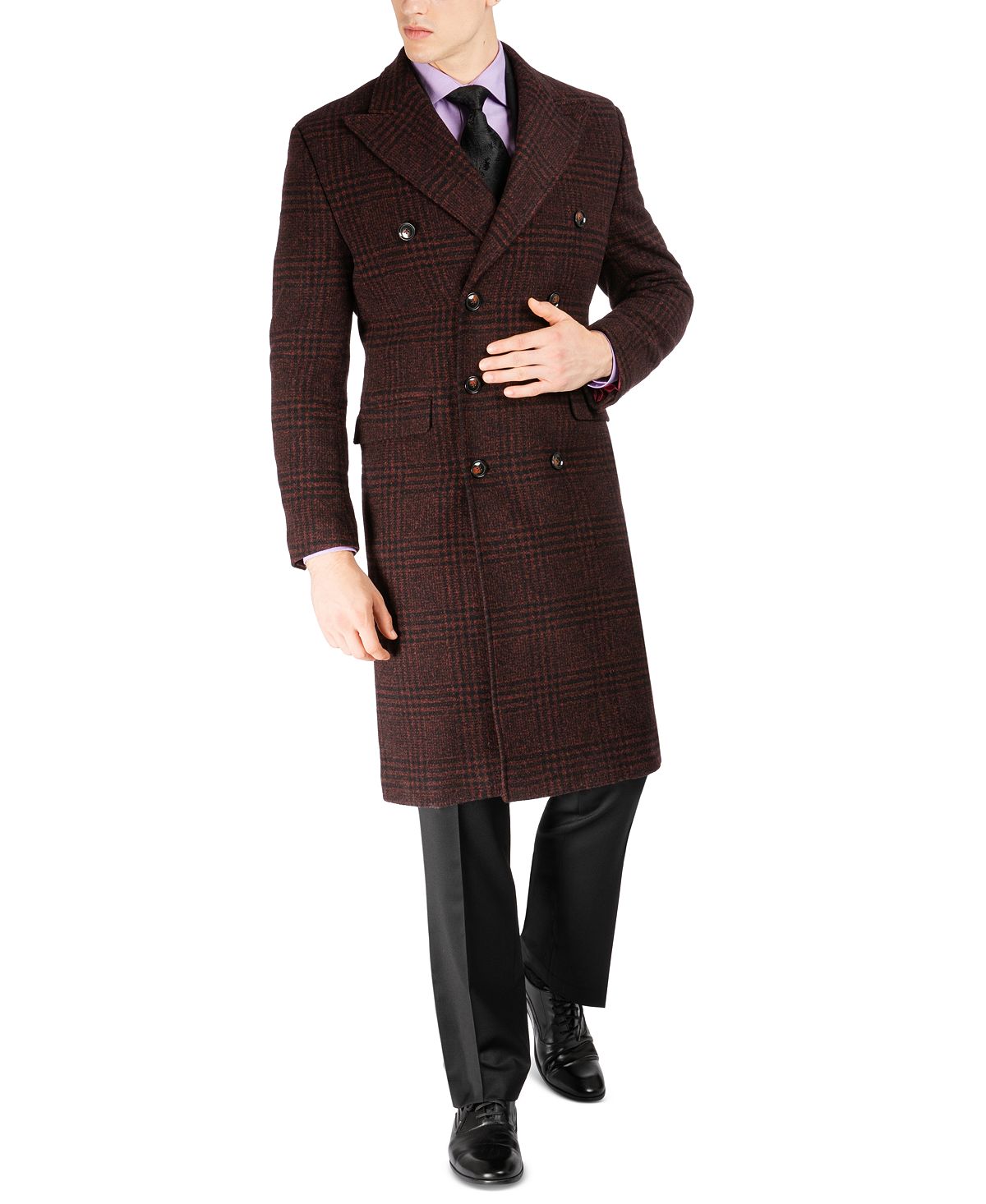 Tayion Collection Classic Double-breasted Glen Plaid Overcoat Red Navy ...