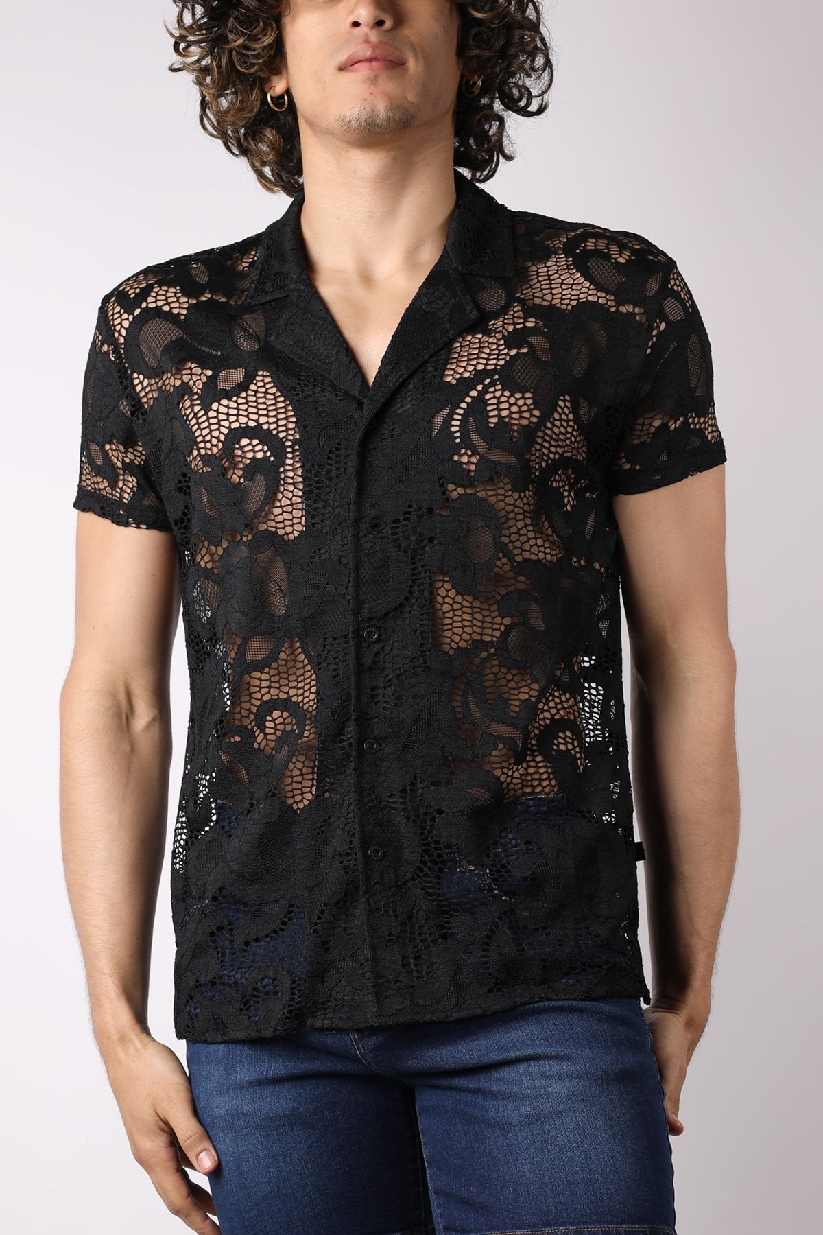 timoteo Black Lace Up Button Down Mesh Shirt – CheapUndies